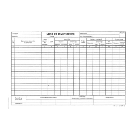 Lista inventar 14 coloane, format A4, orientare vedere, 100 file - eMAG.ro
