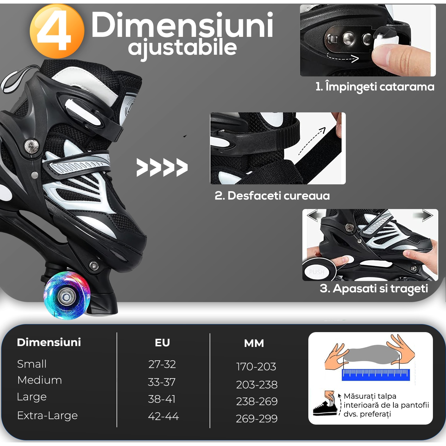 Role reglabile pentru copii si adulti, roti luminoase din silicon, 4 ...