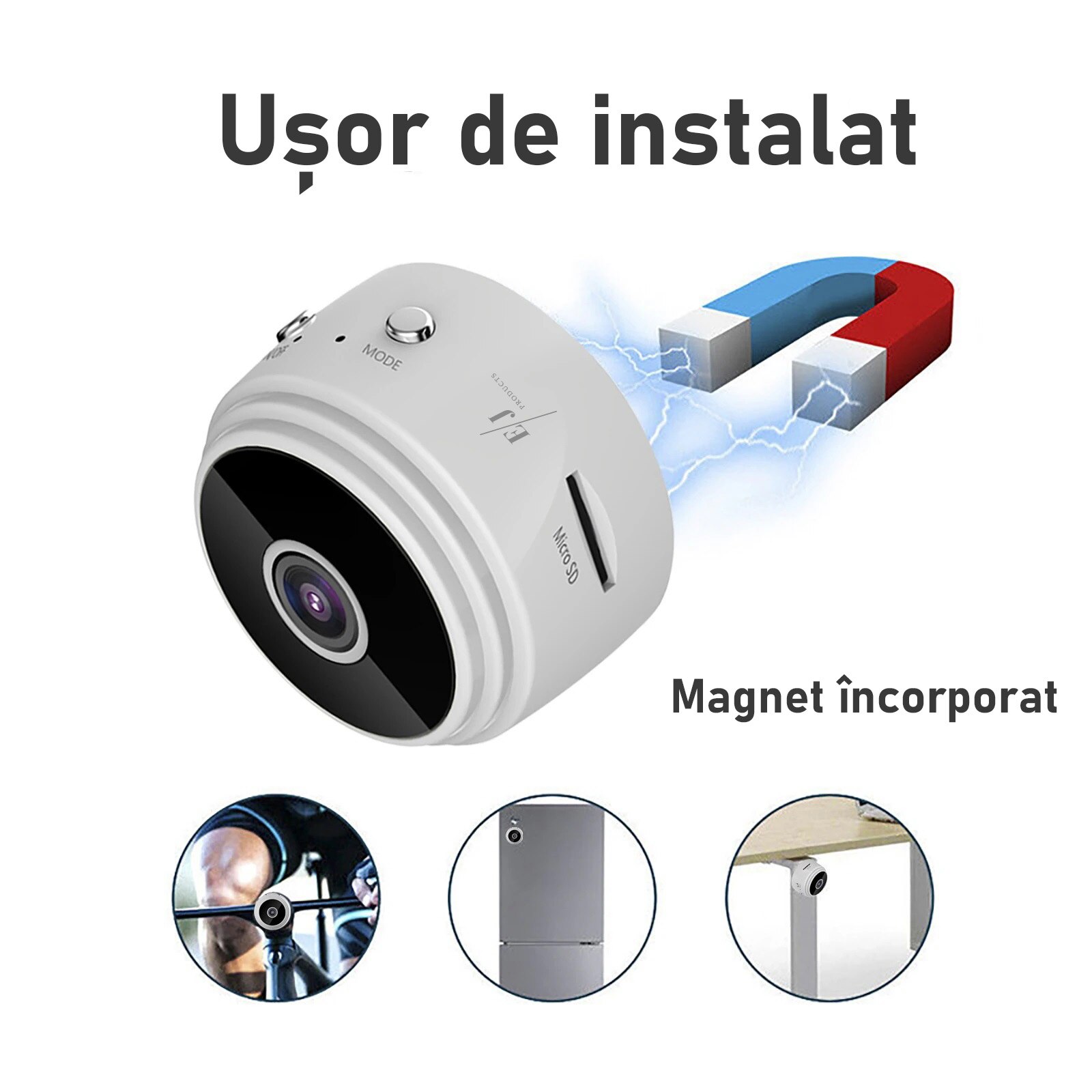 Mini camera magnetica Full HD WiFi cu picior, A9, Alba, Vedere nocturna ...