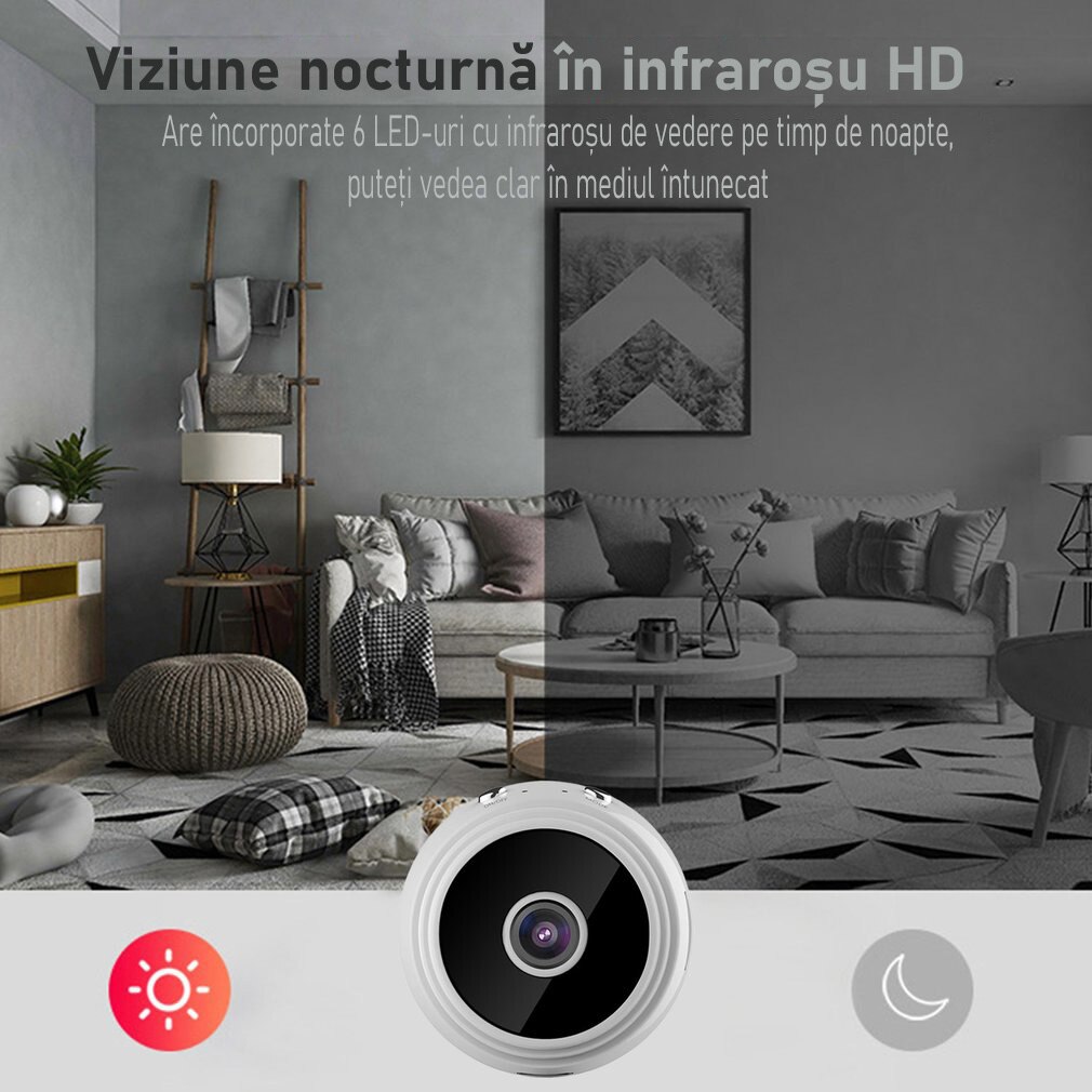 Mini camera magnetica Full HD WiFi cu picior, A9, Alba, Vedere nocturna ...