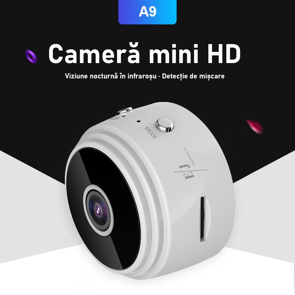Mini camera magnetica Full HD WiFi cu picior, A9, Alba, Vedere nocturna ...