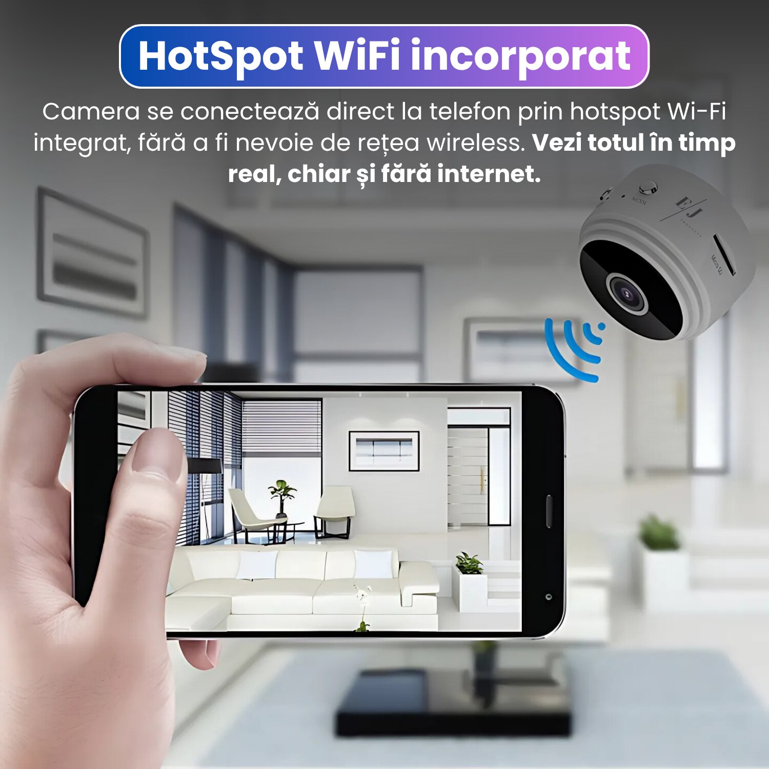 Mini camera magnetica Full HD WiFi cu picior, A9, Alba, Vedere nocturna ...