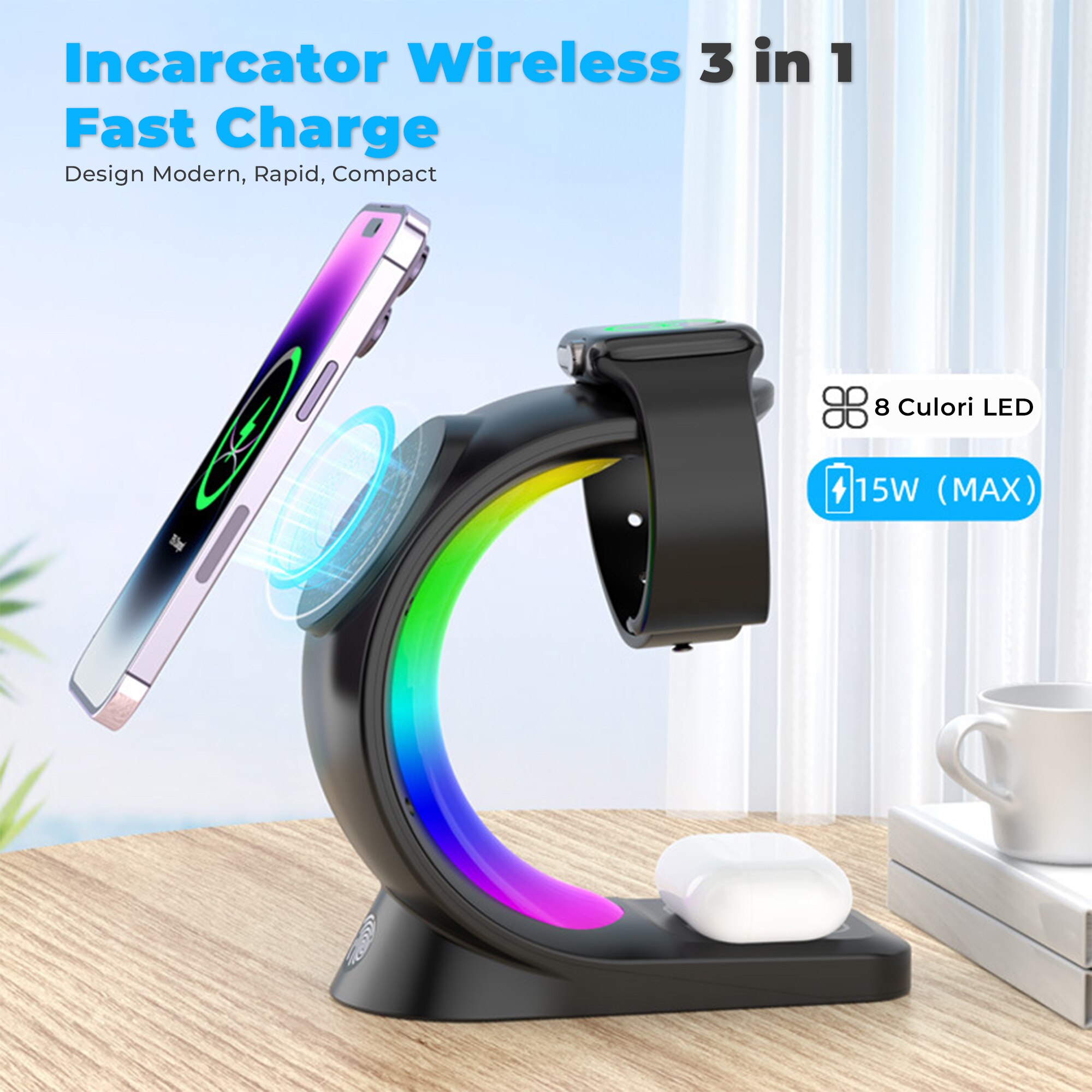 Incarcator Wireless Timebox, 3 In 1, Fast Charge 15W, Magsafe ...