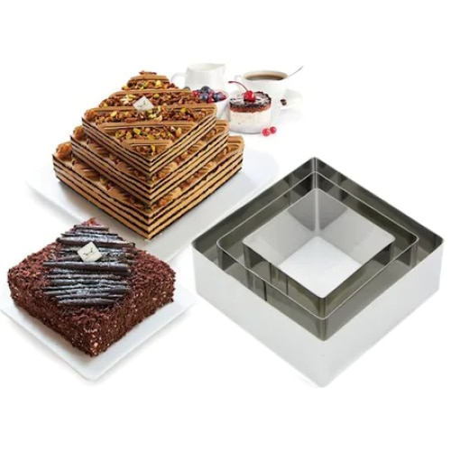 Set 3 forme pentru prajituri, in forma de patrat, din metal, argintiu ...