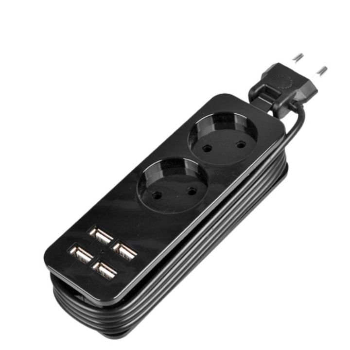 Prelungitor de calatorie cu 2 prize (250V) si 4 porturi USB inteligente ...