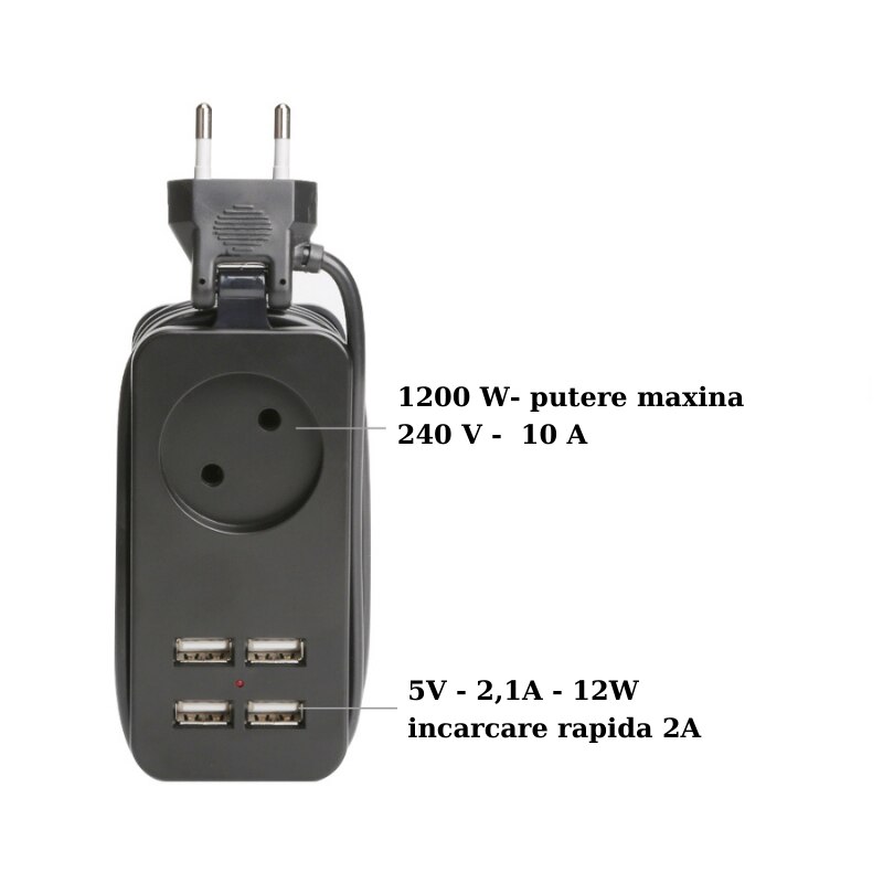Prelungitor de calatorie cu 1 priza (250V) si 4 porturi USB inteligente ...