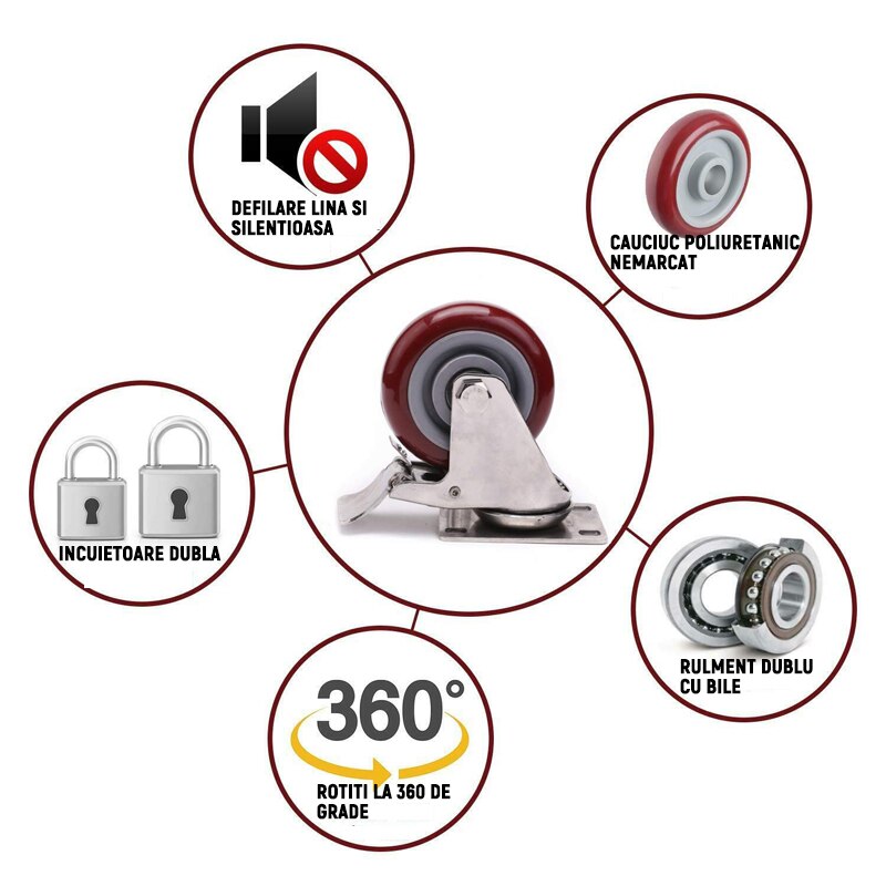 Set 4 roti mobilier, Vaxiuja, Otel inoxidabil/Poliuretan, Rosu/Argintiu ...