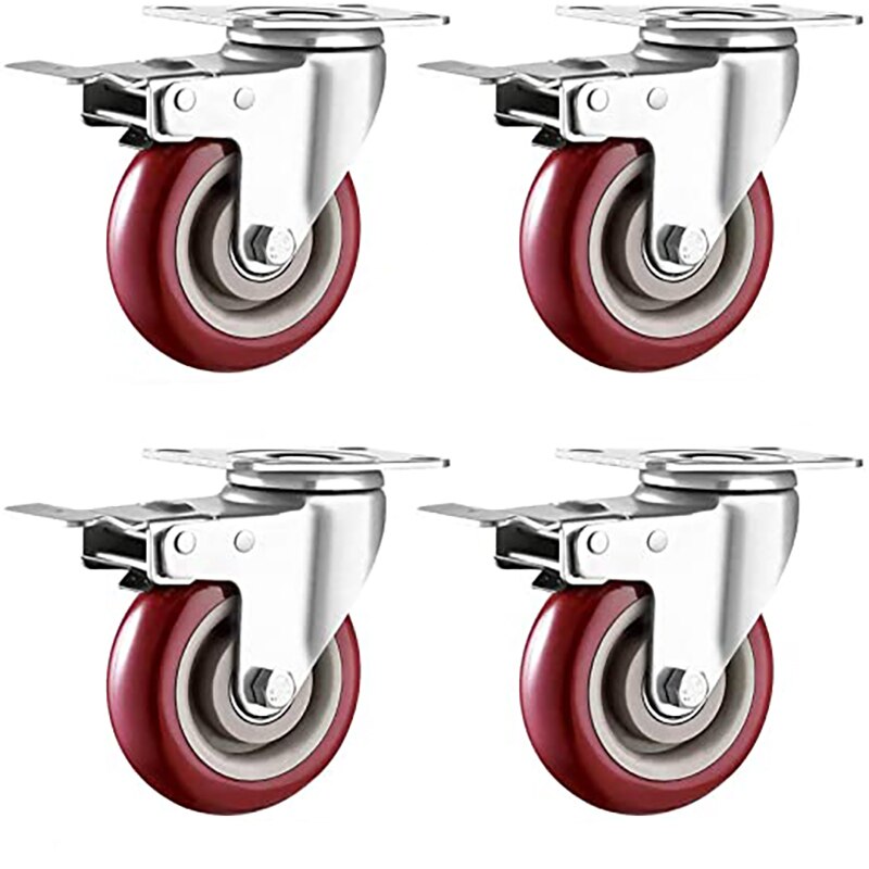 Set 4 roti mobilier, Vaxiuja, Otel inoxidabil/Poliuretan, Rosu/Argintiu ...