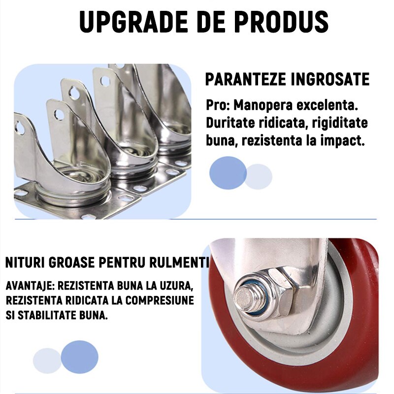 Set 4 roti mobilier, Vaxiuja, Otel inoxidabil/Poliuretan, Rosu/Argintiu ...