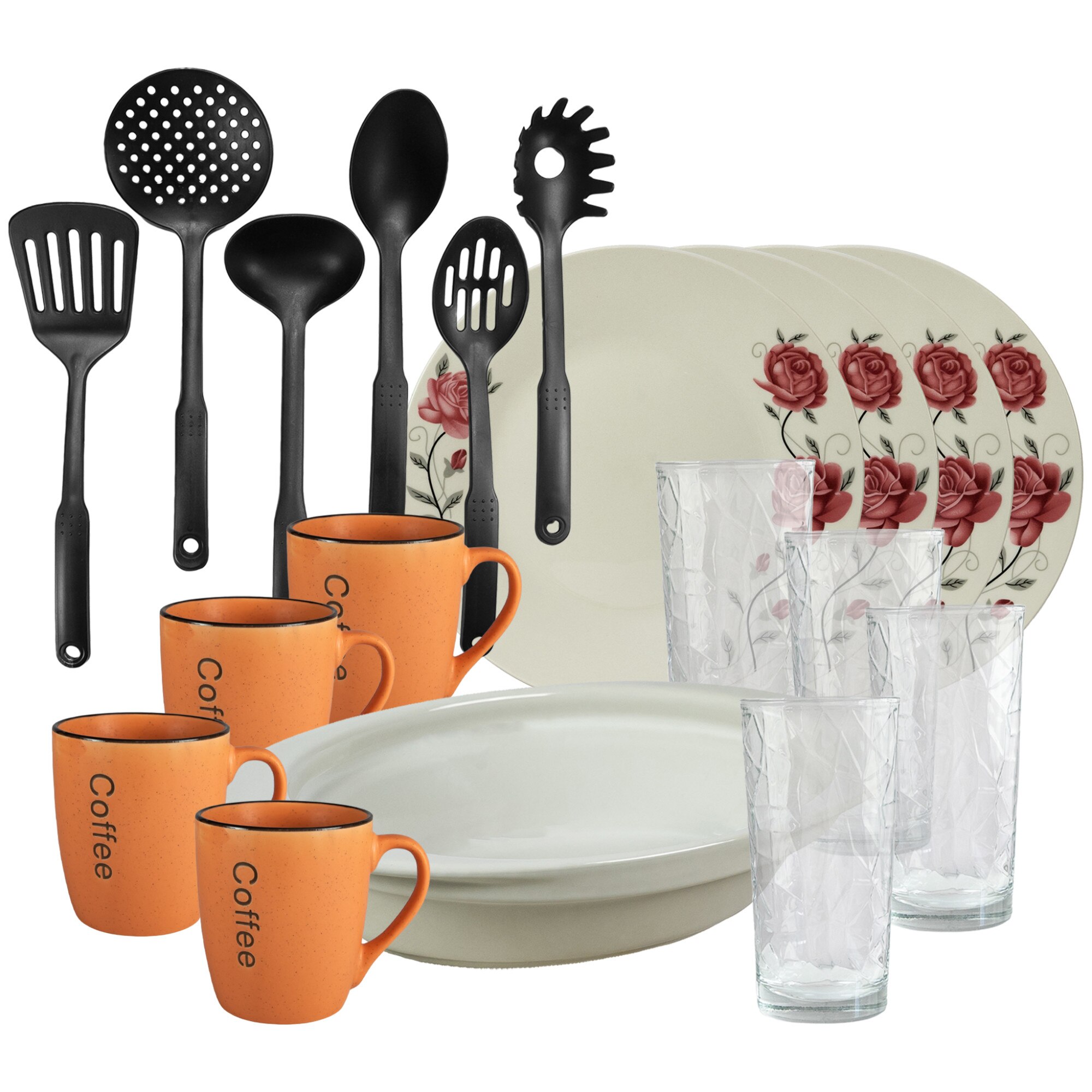 Set de masa, 4 persoane, 19 piese, cana portocalie, farfurie intinsa ...