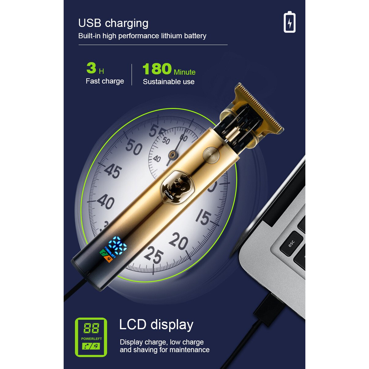 Masina de barbierit profesionala, reincarcabila, fara fir, cu afisaj ...