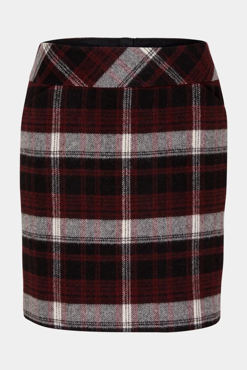 Fusta mini din lana cu print tartan, buzunare si fermoar la spate ...