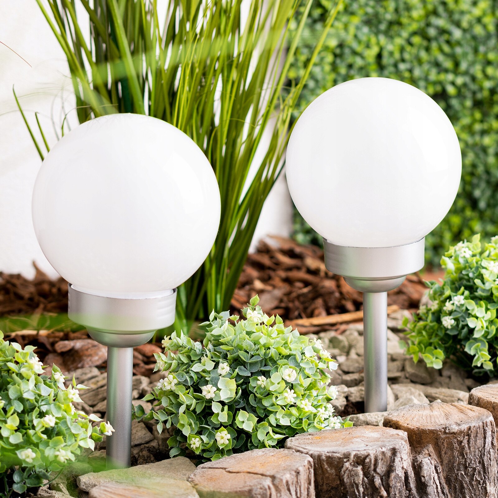 Set de 2 lampi solare de gradina LED, Polifach, 15 cm, IP44, Argintiu ...