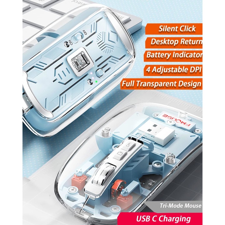 Mouse fara fir, Bluetooth 2.4G, 3 moduri conectare, 4 DPI, Reincarcabil ...