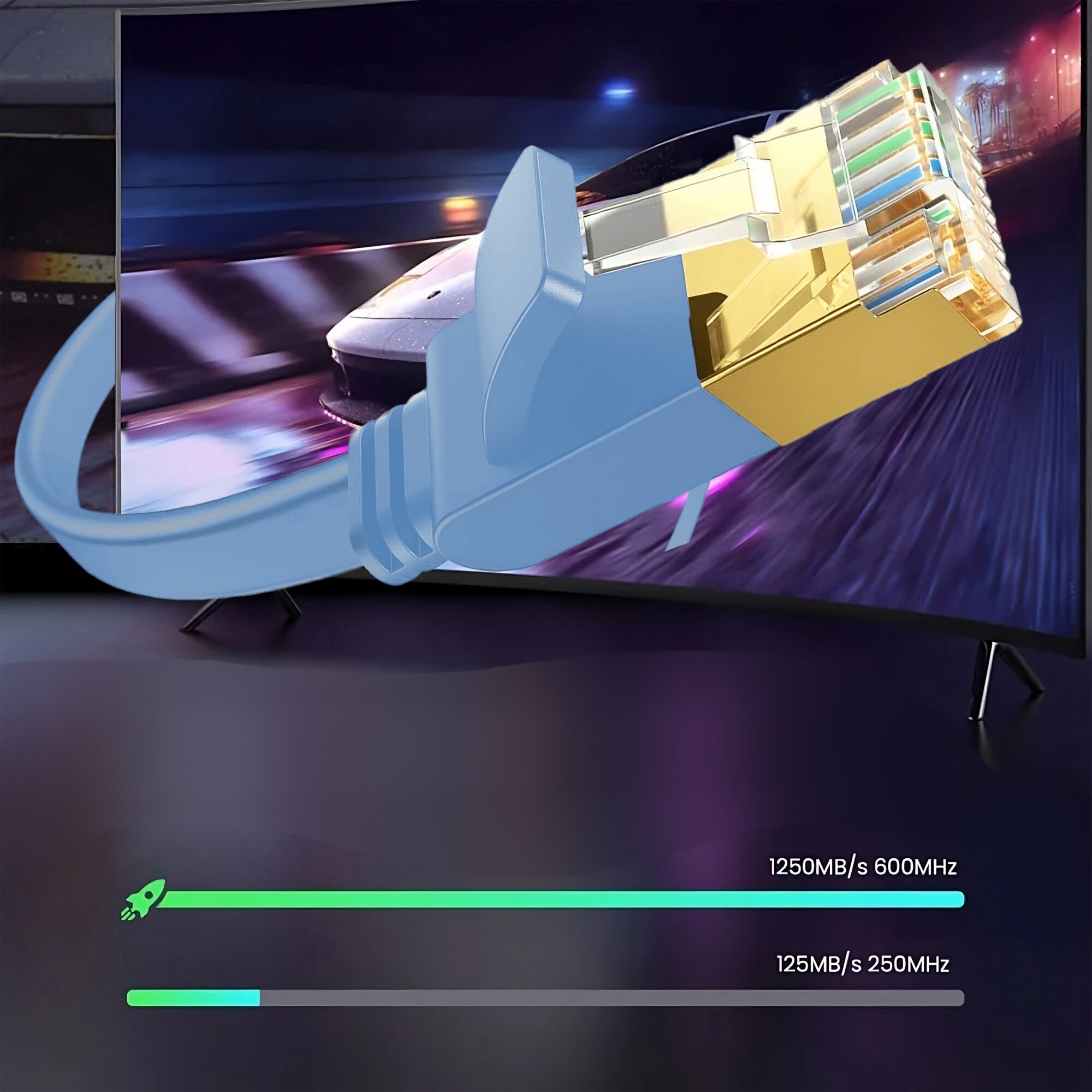 Cablu de Retea Plat UFTP CAT7, 10Gbps, 600Mhz, RJ45, 8P8C, 1m, Albastru ...