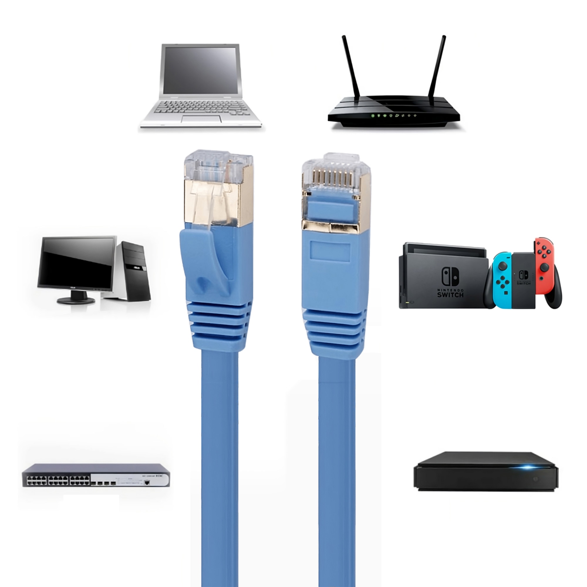 Cablu de Retea Plat UFTP CAT7, 10Gbps, 600Mhz, RJ45, 8P8C, 1m, Albastru ...