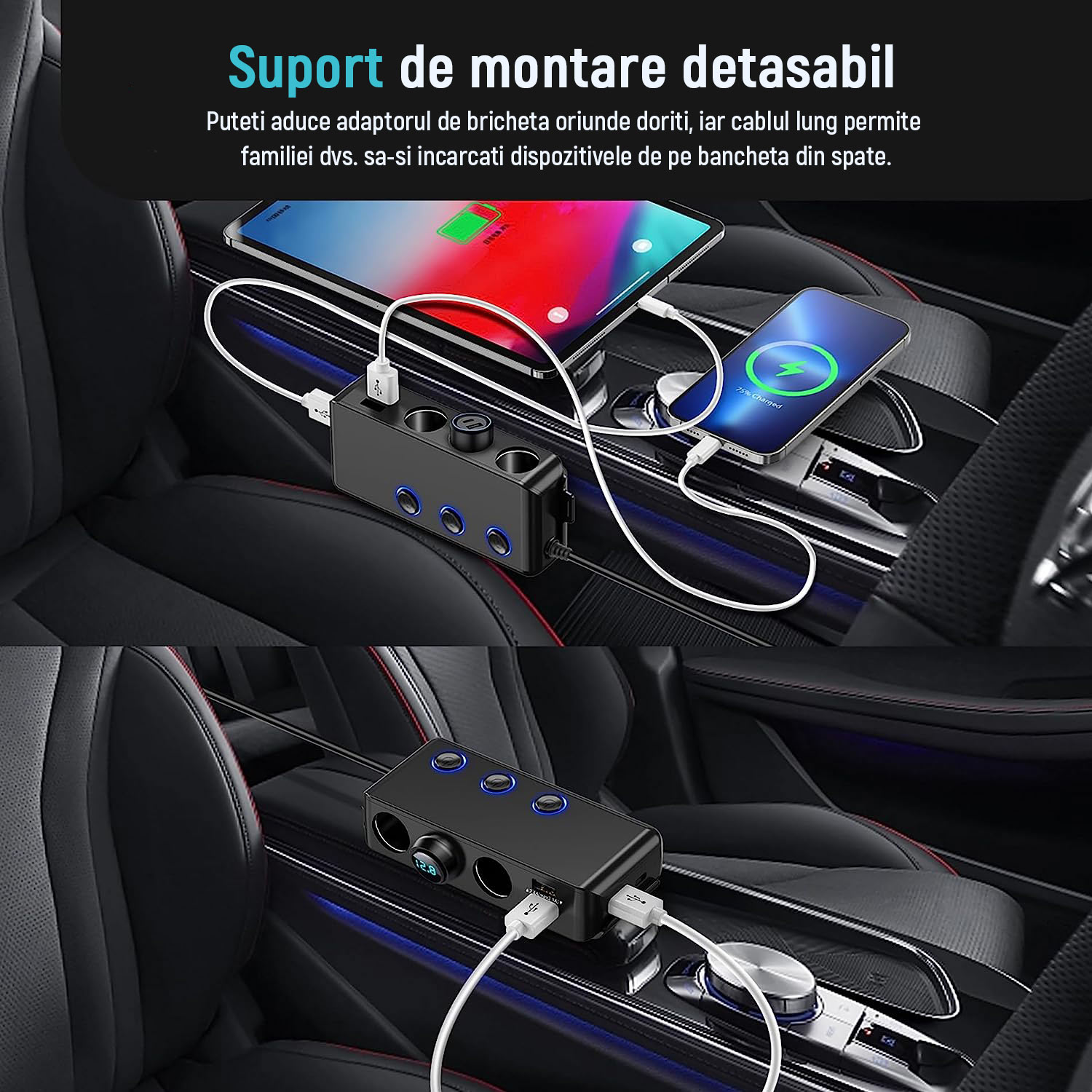 Adaptor bricheta auto, QC 3.0, 3x soclu auto, 4x USB, 180W, 8.5A ...