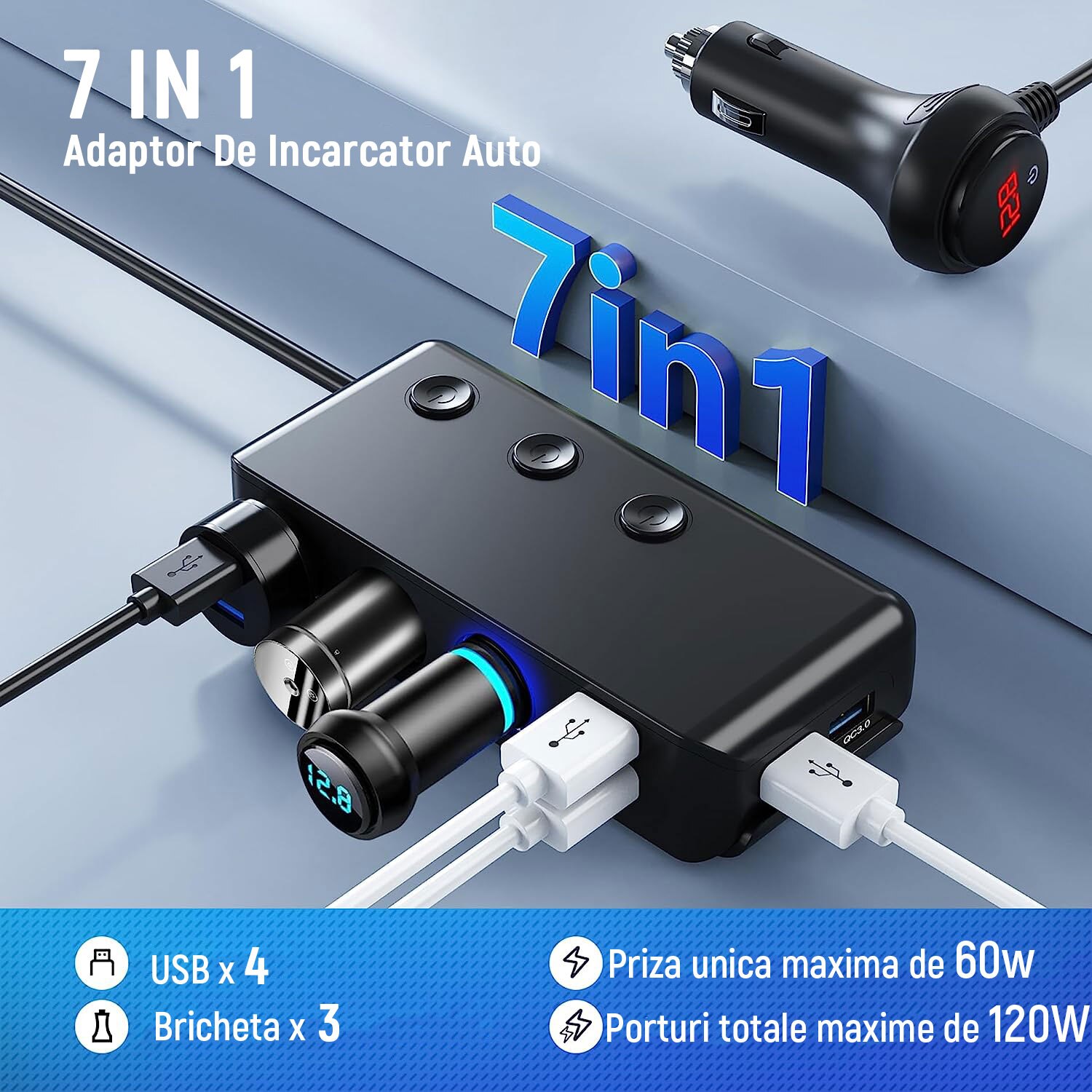 Adaptor bricheta auto, QC 3.0, 3x soclu auto, 4x USB, 180W, 8.5A ...