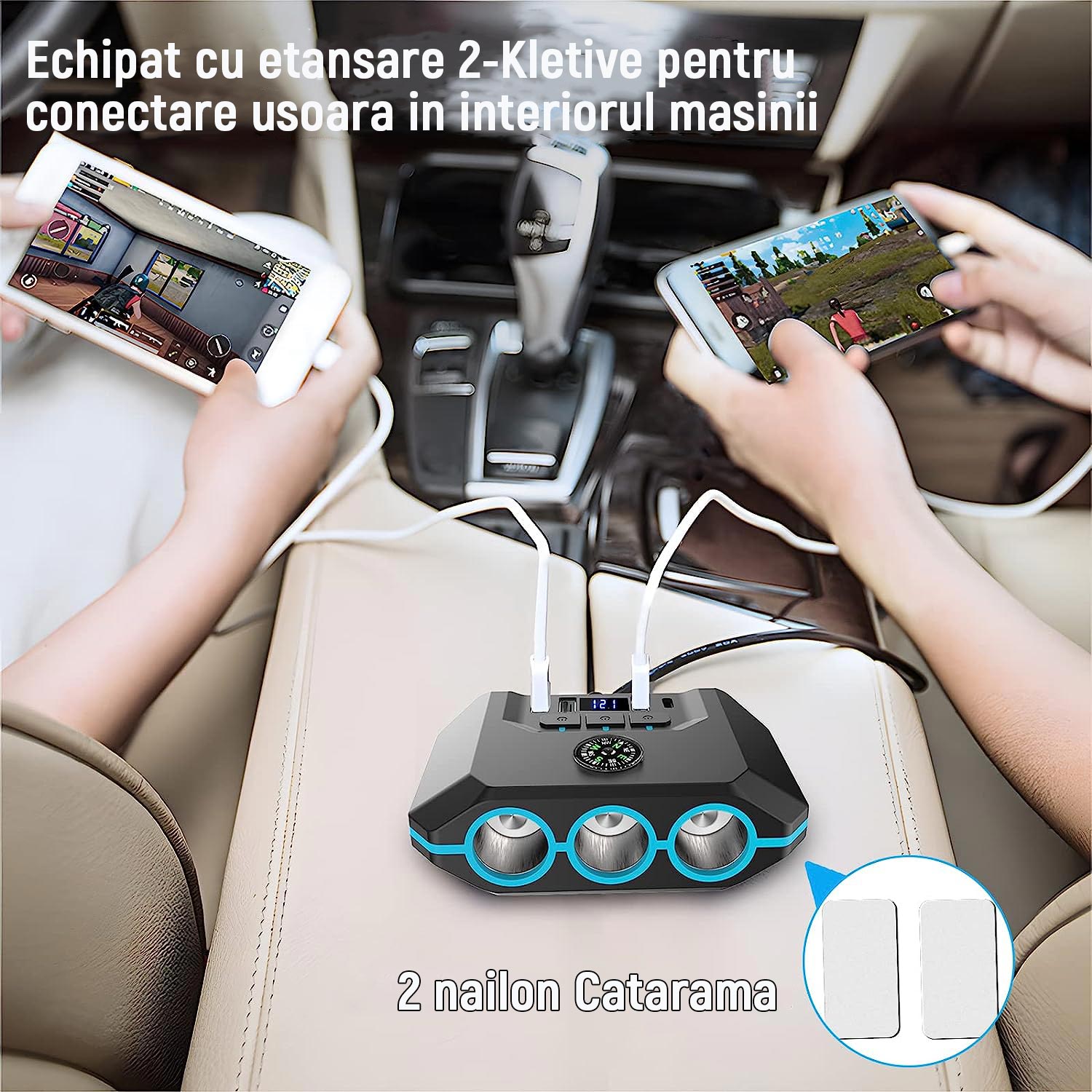 Adaptor bricheta auto, 120W, 3x soclu auto, 3x USB, 1x Type-C, Afisaj ...