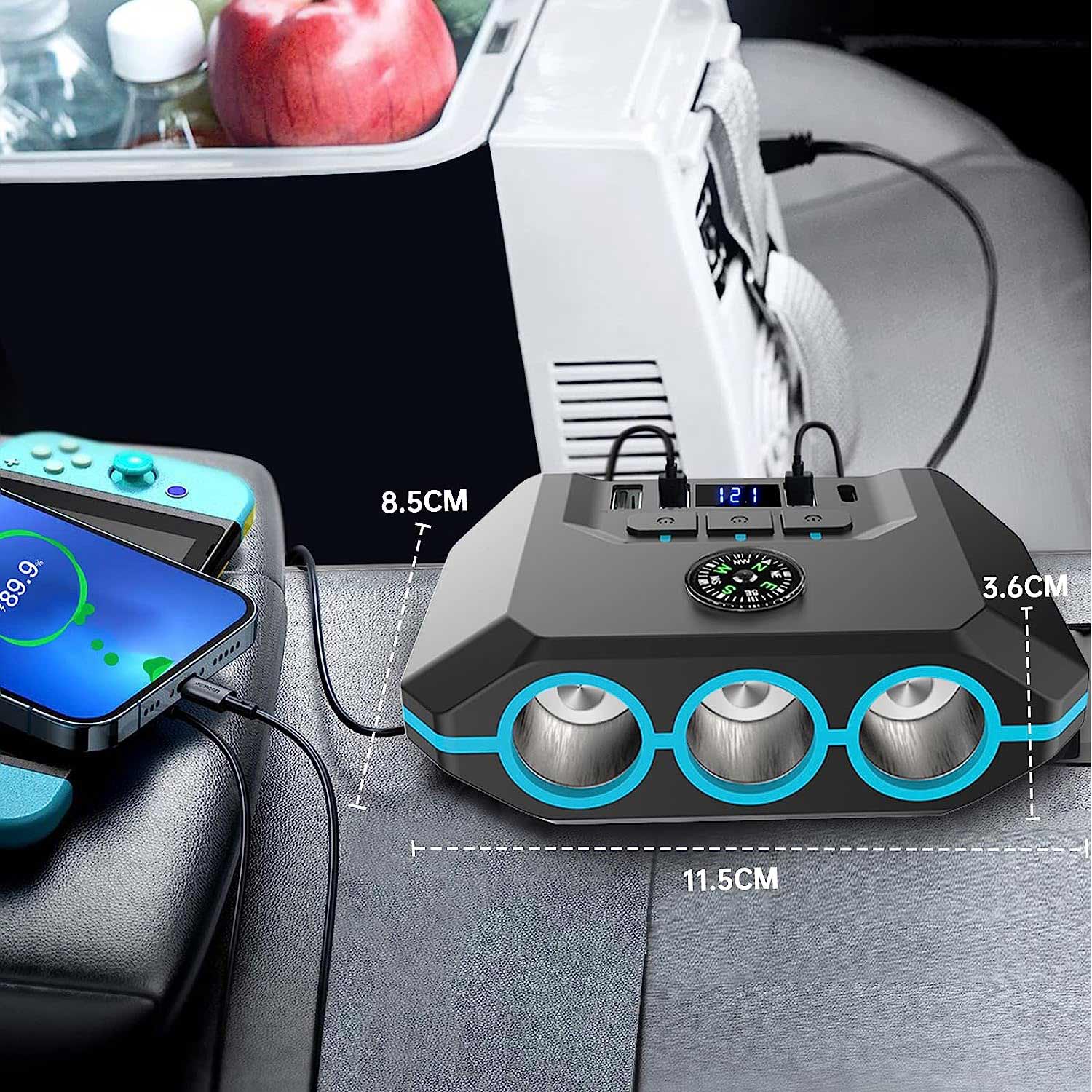 Adaptor bricheta auto, 120W, 3x soclu auto, 3x USB, 1x Type-C, Afisaj ...