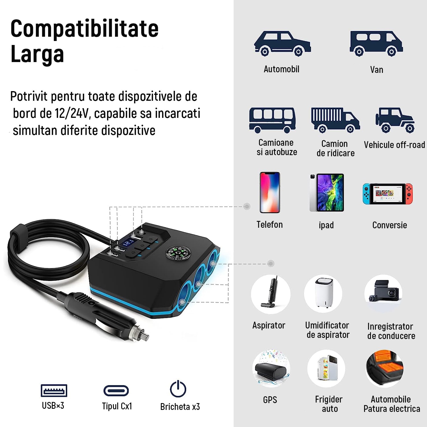Adaptor bricheta auto, 120W, 3x soclu auto, 3x USB, 1x Type-C, Afisaj ...