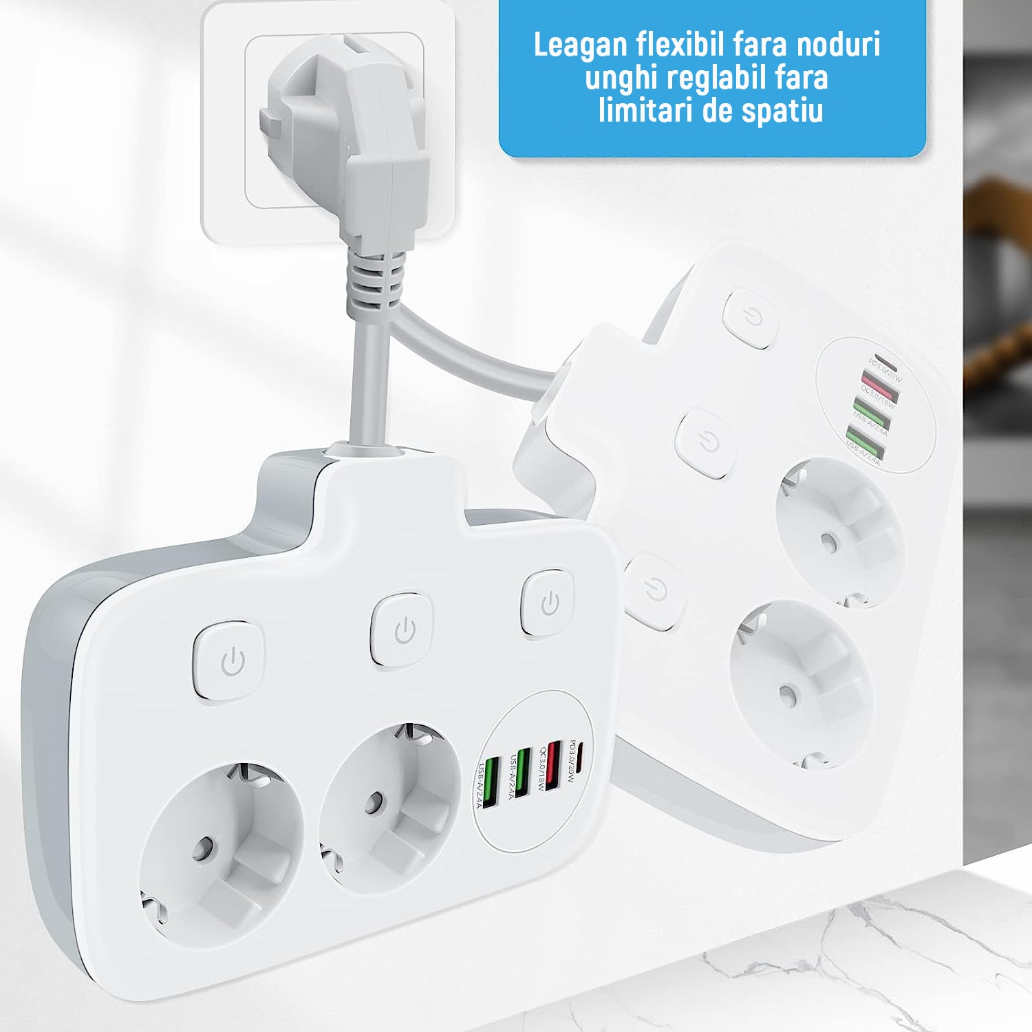 Adaptor priza cu 3 intrerupator, 2x prize frontale, 3x USB, 1x Type-C ...