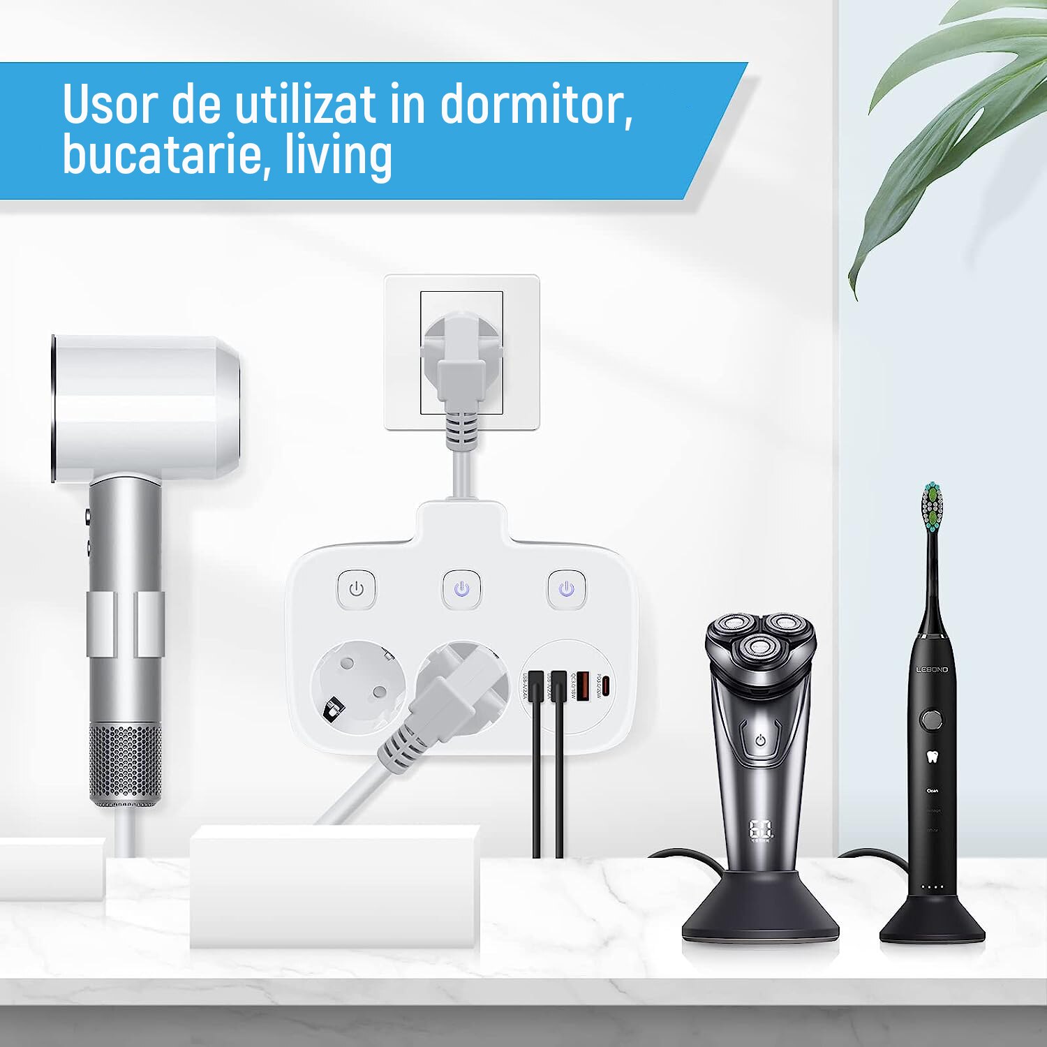 Adaptor priza cu 3 intrerupator, 2x prize frontale, 3x USB, 1x Type-C ...