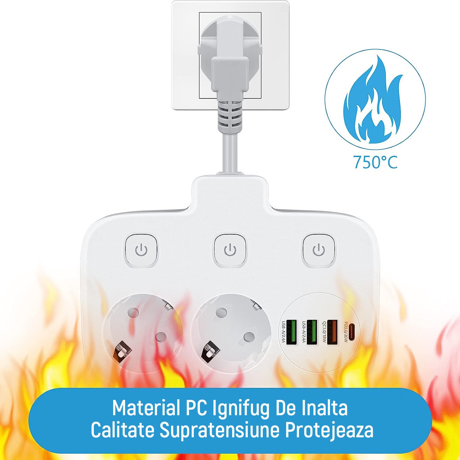 Adaptor priza cu 3 intrerupator, 2x prize frontale, 3x USB, 1x Type-C ...