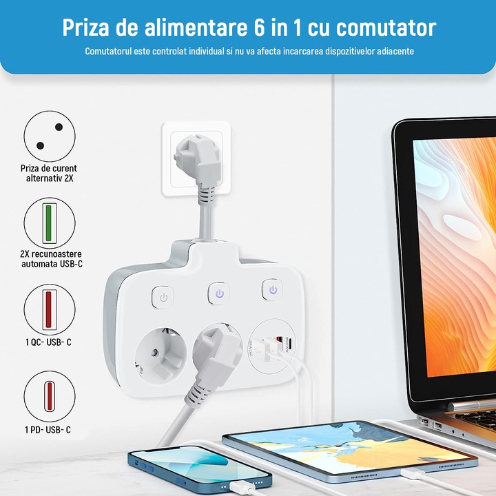 Adaptor priza cu 3 intrerupator, 2x prize frontale, 3x USB, 1x Type-C ...