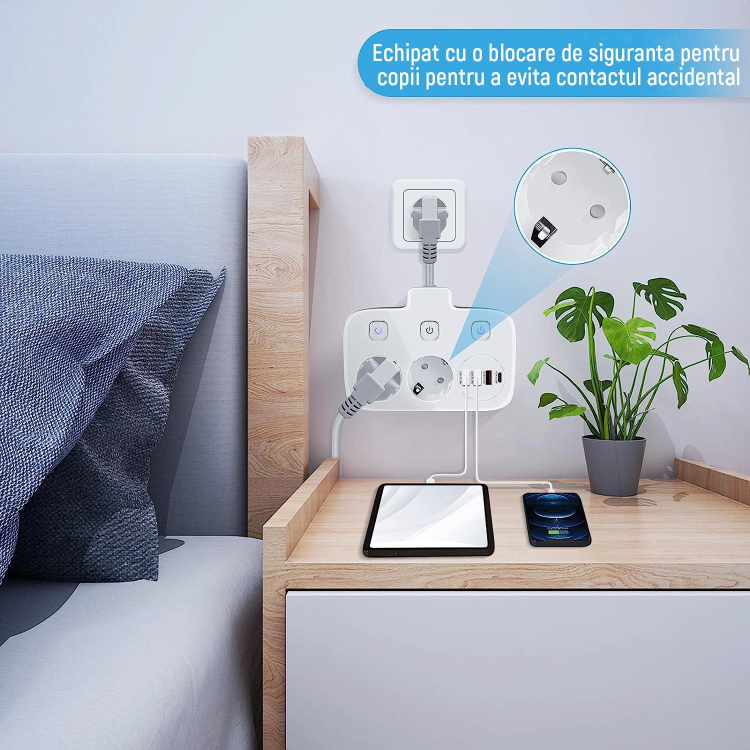 Adaptor priza cu 3 intrerupator, 2x prize frontale, 3x USB, 1x Type-C ...