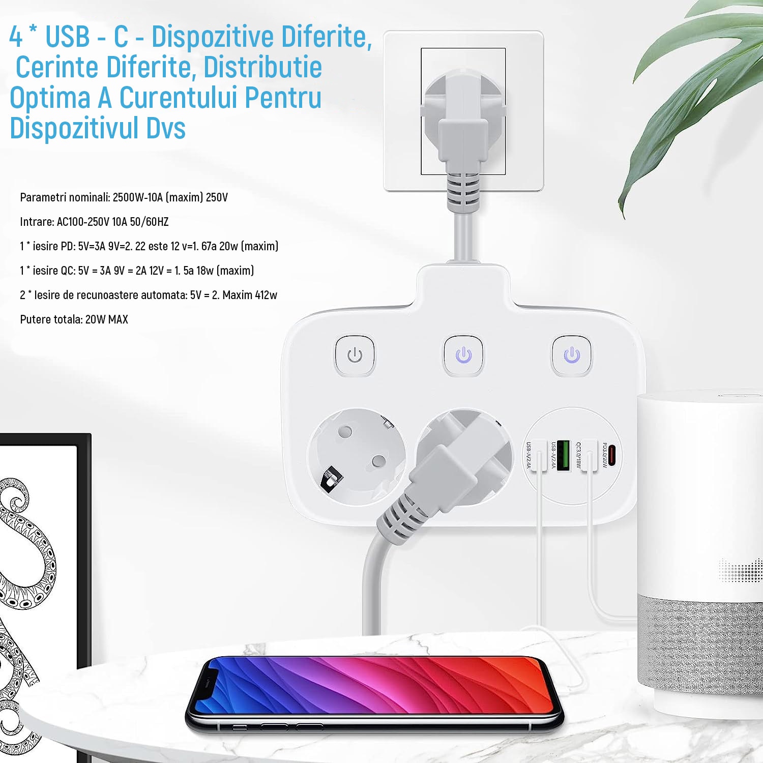 Adaptor priza cu 3 intrerupator, 2x prize frontale, 3x USB, 1x Type-C ...