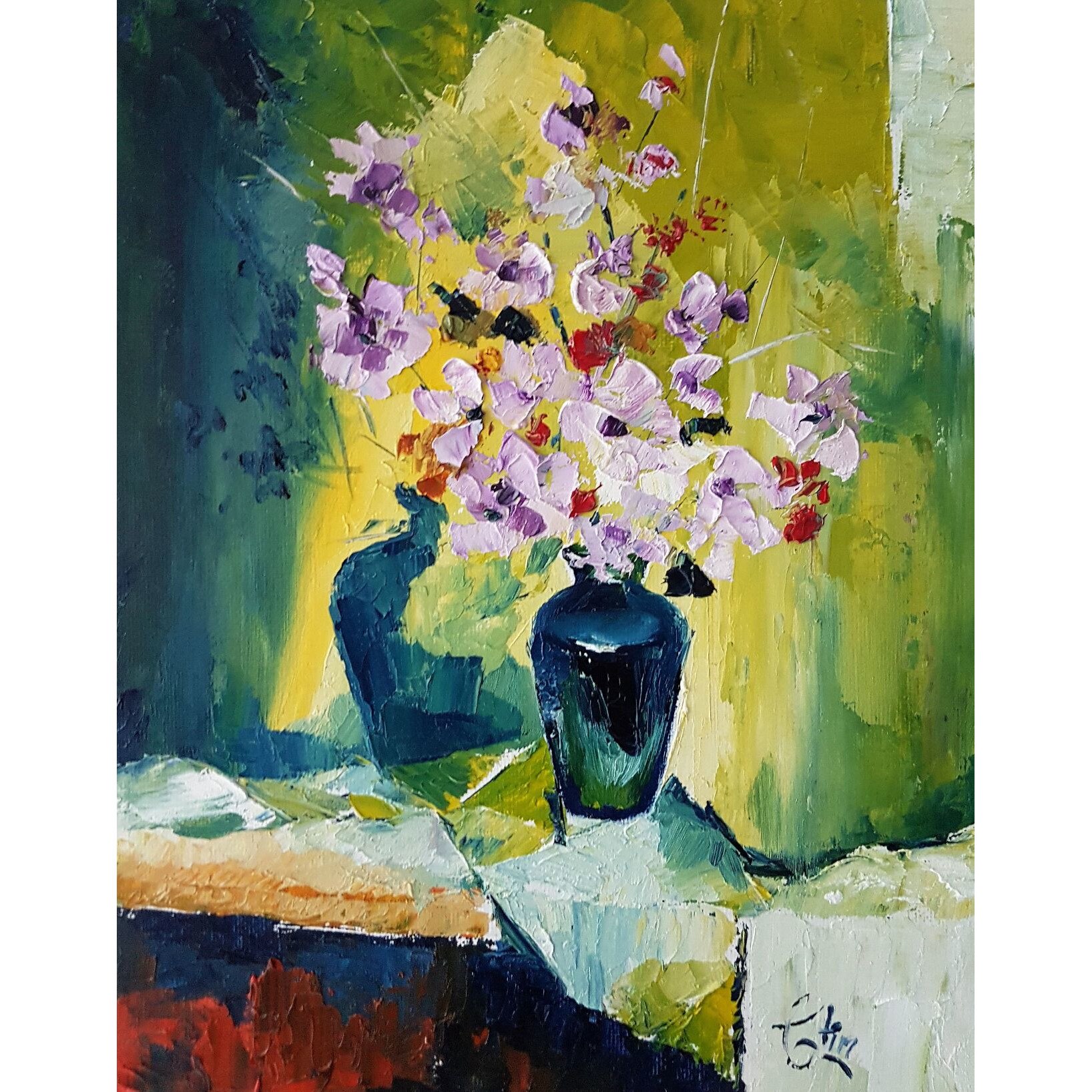 Tablou pictat manual pe panza cartonata, " Natura statica cu flori roz ...