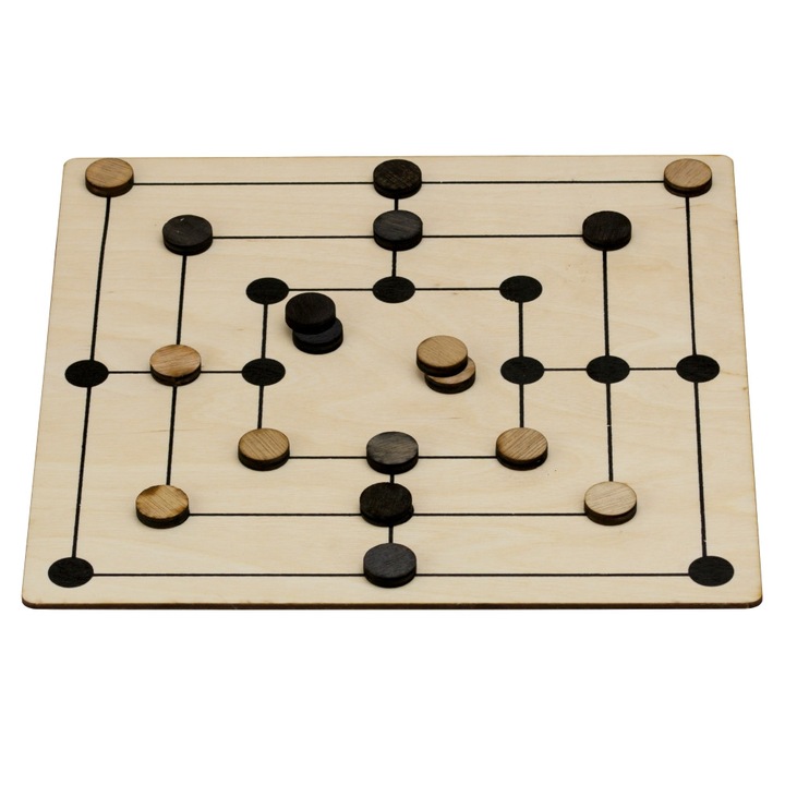 Joc moara, tintar din lemn, piese negru-natur, 24.5 x 24.5 cm ...