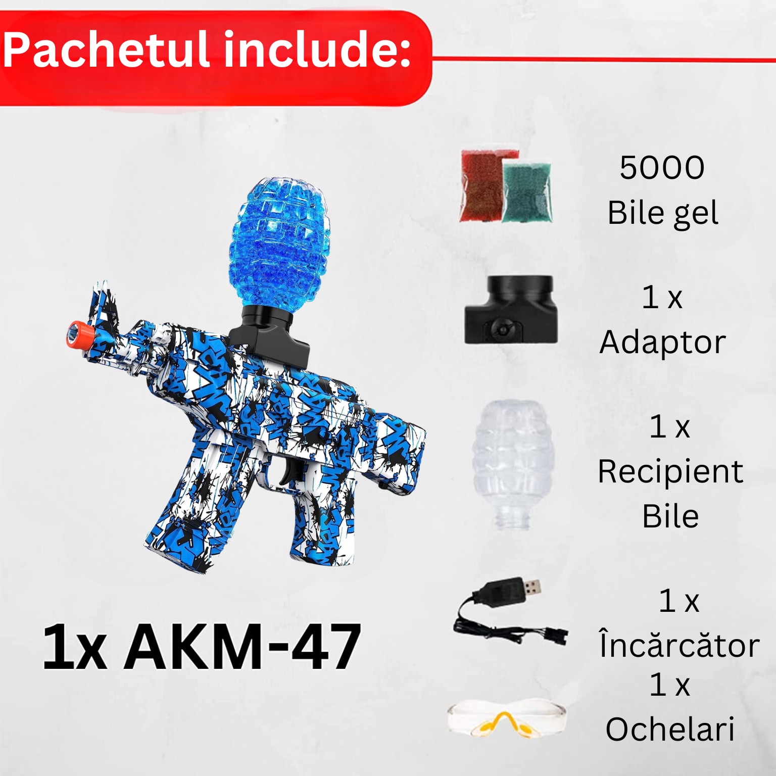 Pusca Automata de Jucarie, 5000 Bile din Gel 7-8 Mm, AK47, Albastru Alb ...