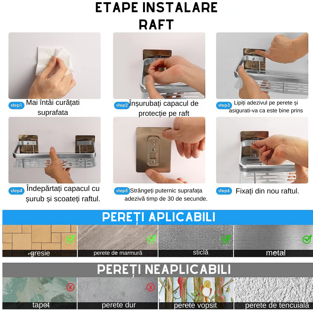 Set 2 Rafturi de Dus, din Otel Inoxidabil, prindere prin Lipire ...