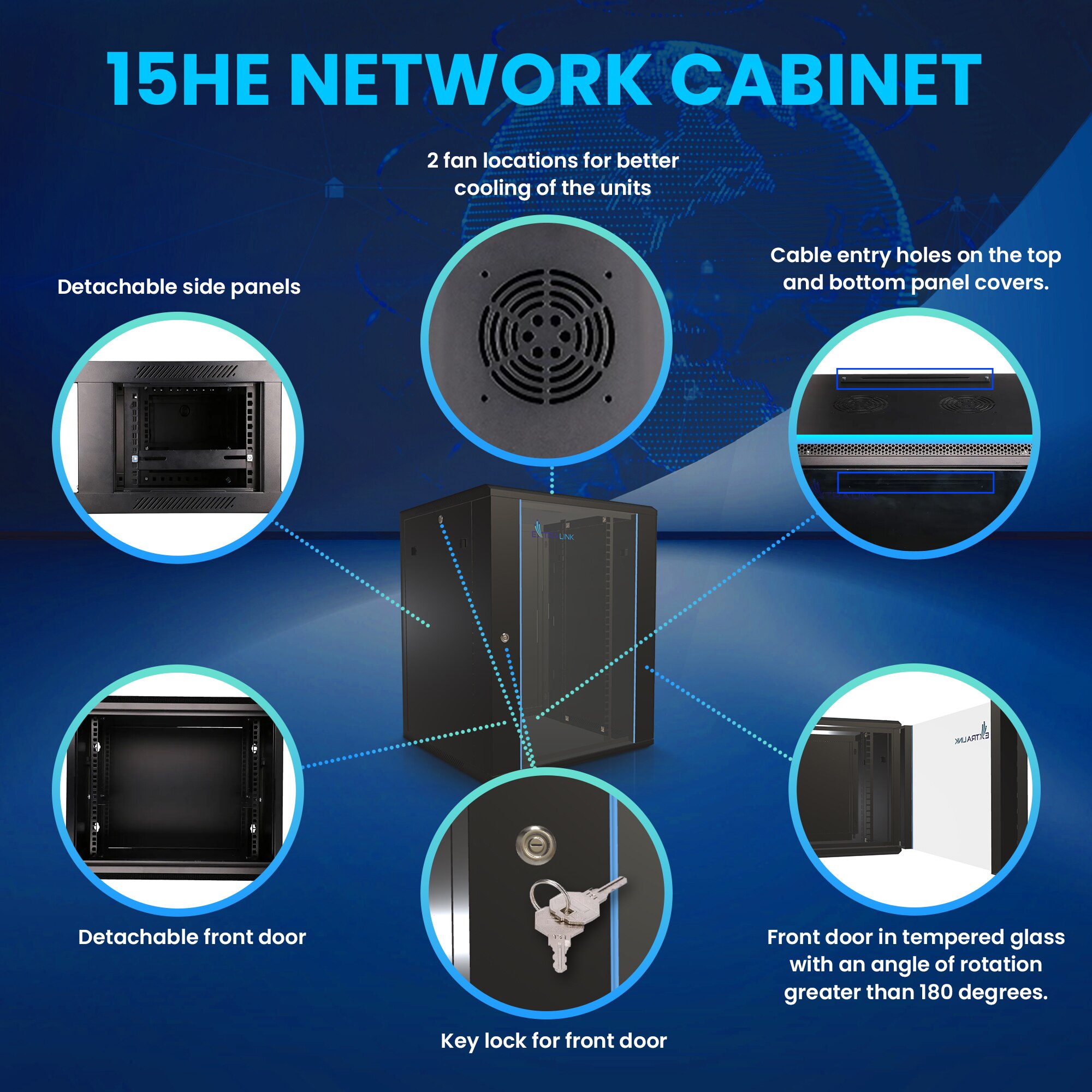 Шкаф Extralink Rack, 15U 600x600, Сглобен, Подов монтаж, Стъклена врата ...