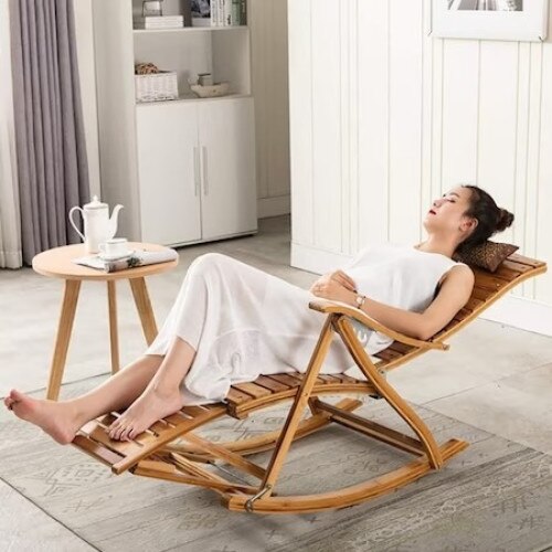 Set de 2 fotolii balansoar, sezlong si masa pliabila din bambus ...