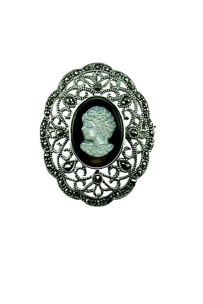 Brosa din argint 925 TSR, cu pietre naturale, marcasite model camee ...