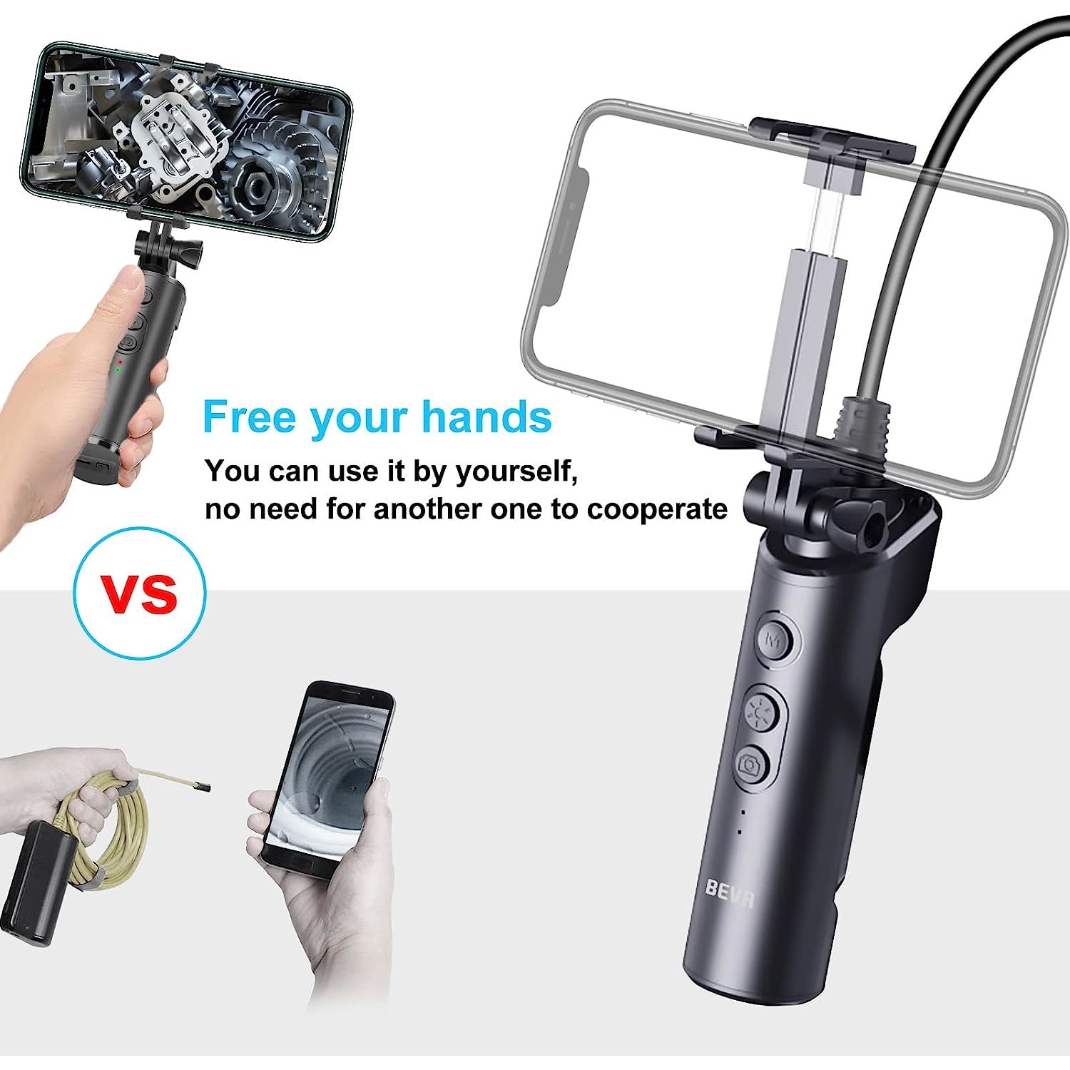 Camera de inspectie cu endoscop. BEVA, 1920x1080, impermeabila, 8 led, 2600 mAh, 5m, android PC ...