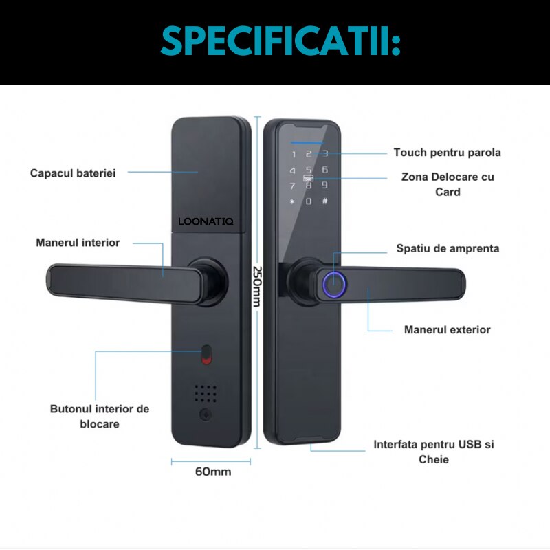 Yala Inteligenta Smart, LOONATIQ, Amprenta, Cod acces, Aplicatie TUYA ...