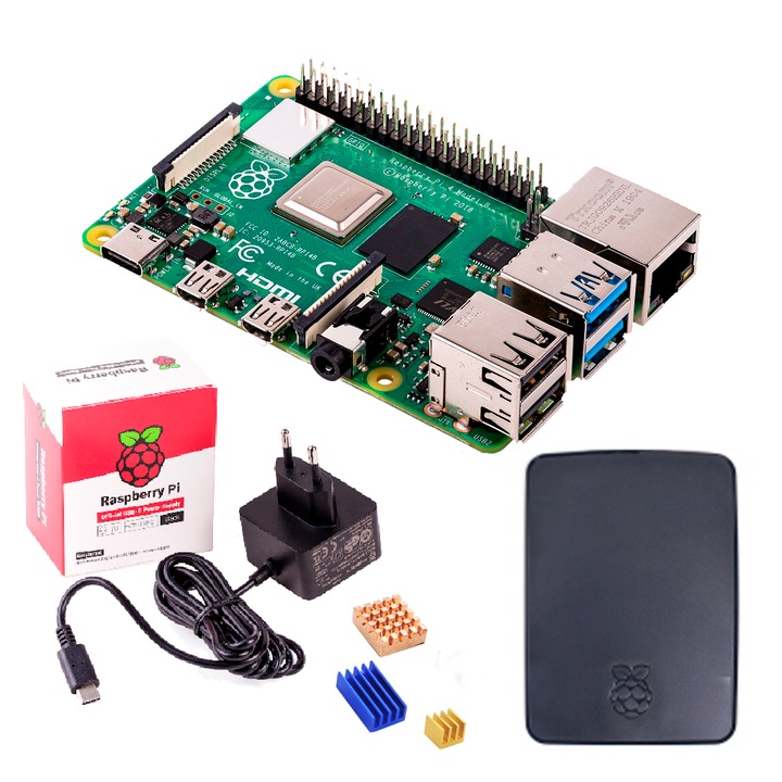 Kit Raspberry PI 4 model B 4 GB, Carcasa plastic neagra originala ...