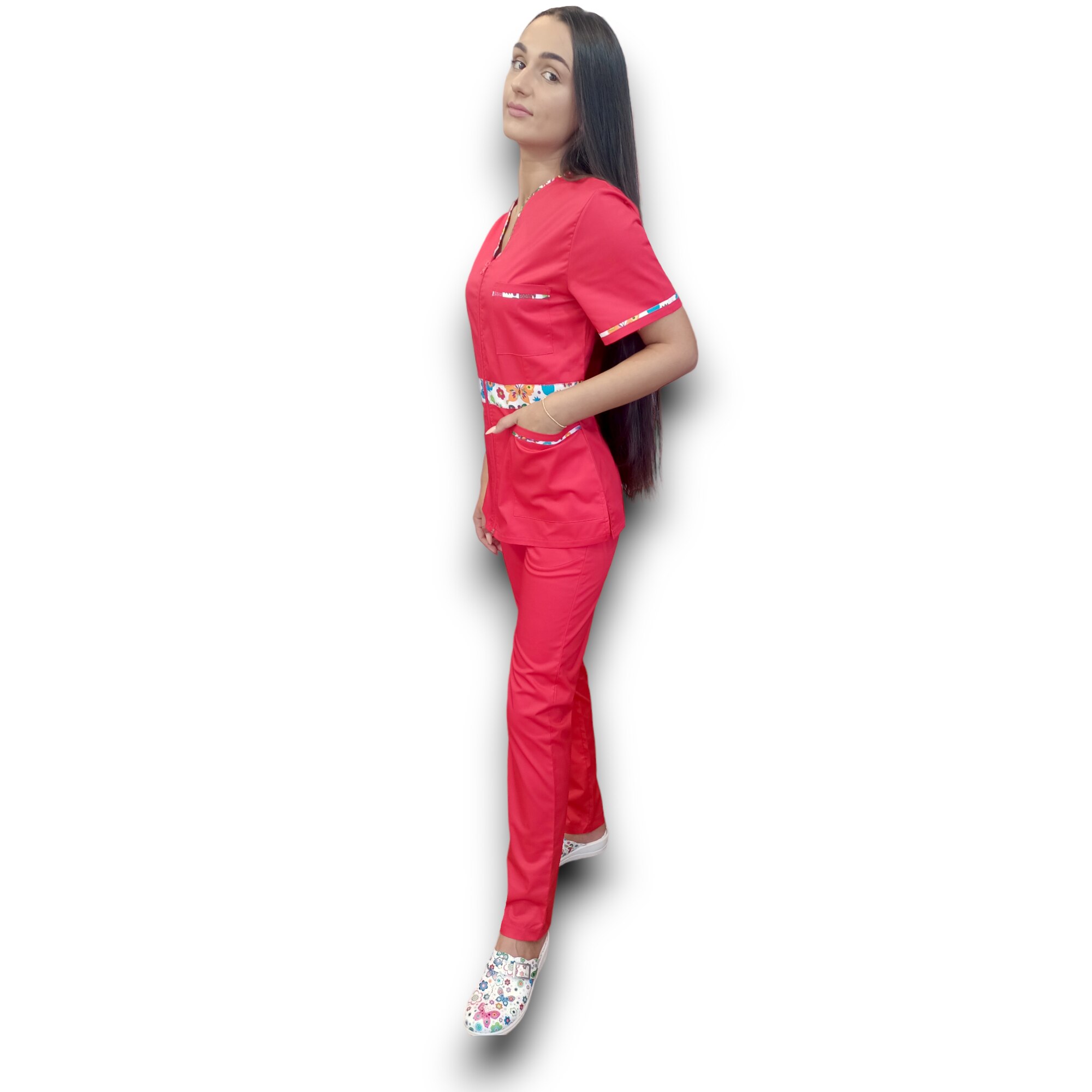 Costum medical de dama Medical AMA Delux, Halat fermoar cu insertie ...