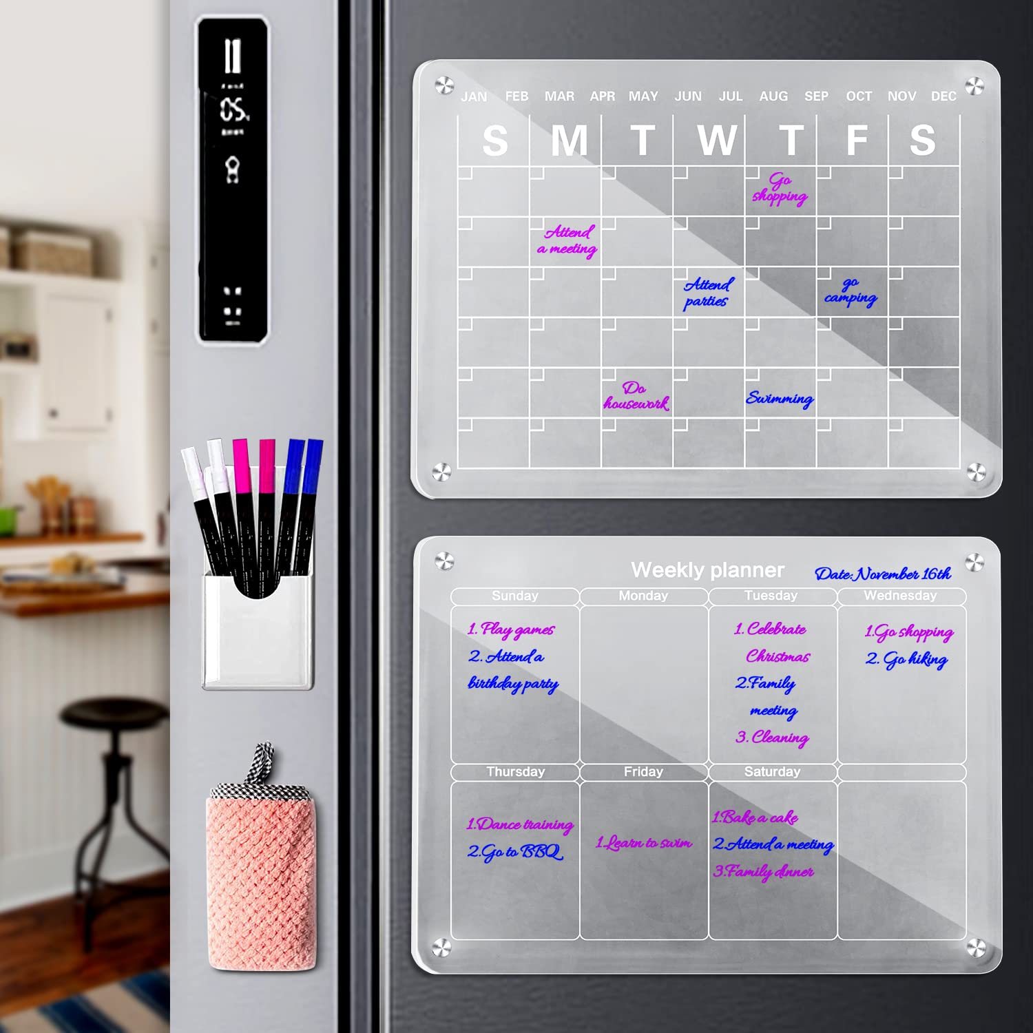 Set de 2 calendare magnetice pentru frigider, OVERTANG, cu pix ...