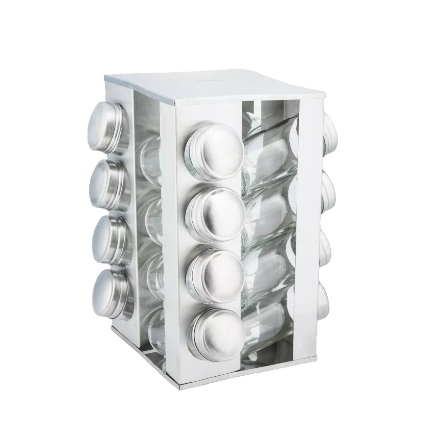 Set 16 recipiente pentru condimente, cu suport, inox si sticla ...