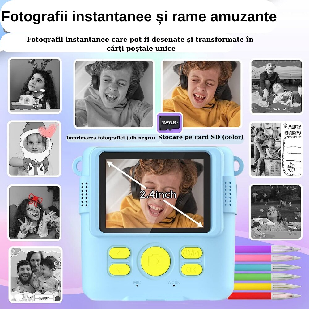 Aparat foto/video pentru copii cu imprimare instantanee, ecran 1080P de ...