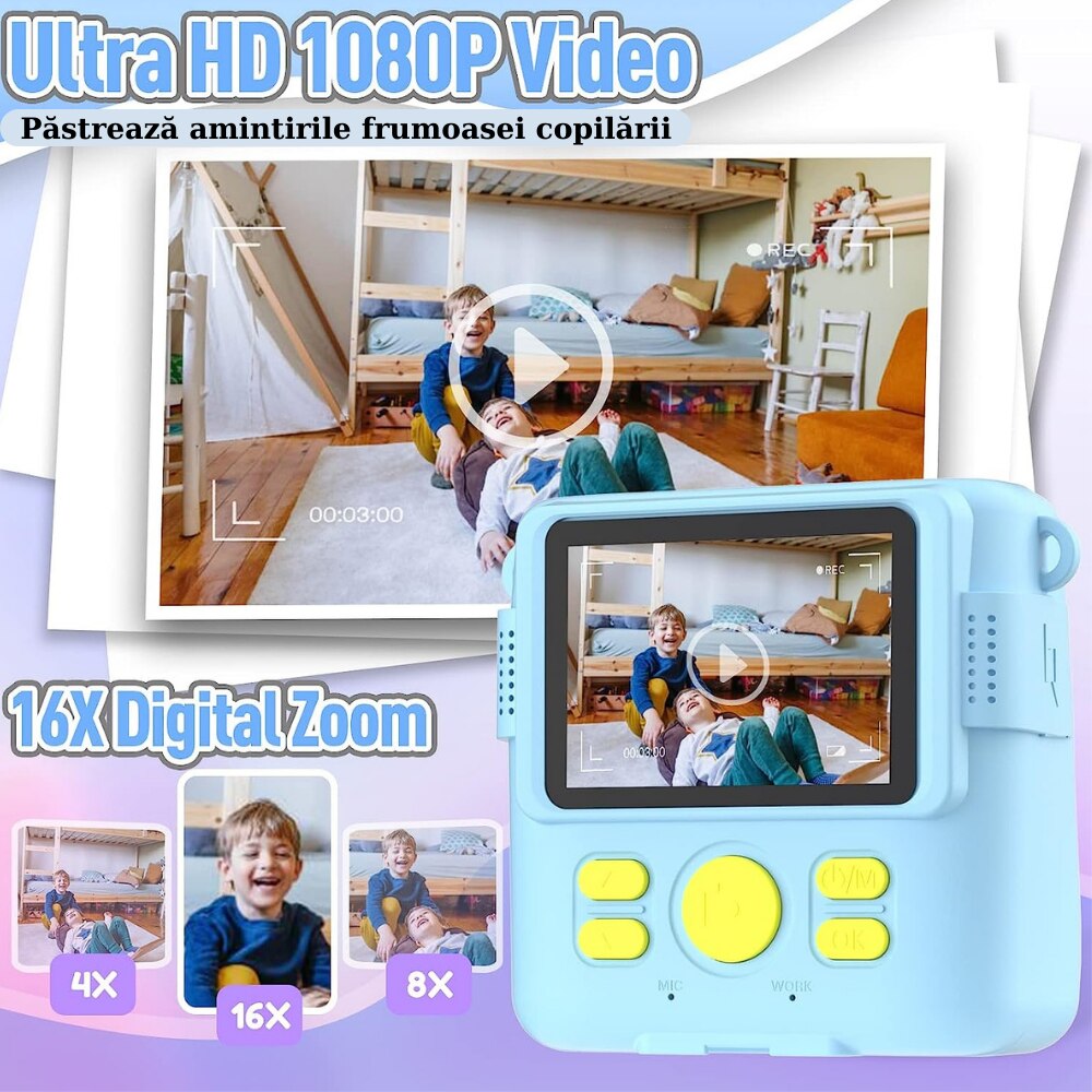 Aparat foto/video pentru copii cu imprimare instantanee, ecran 1080P de ...