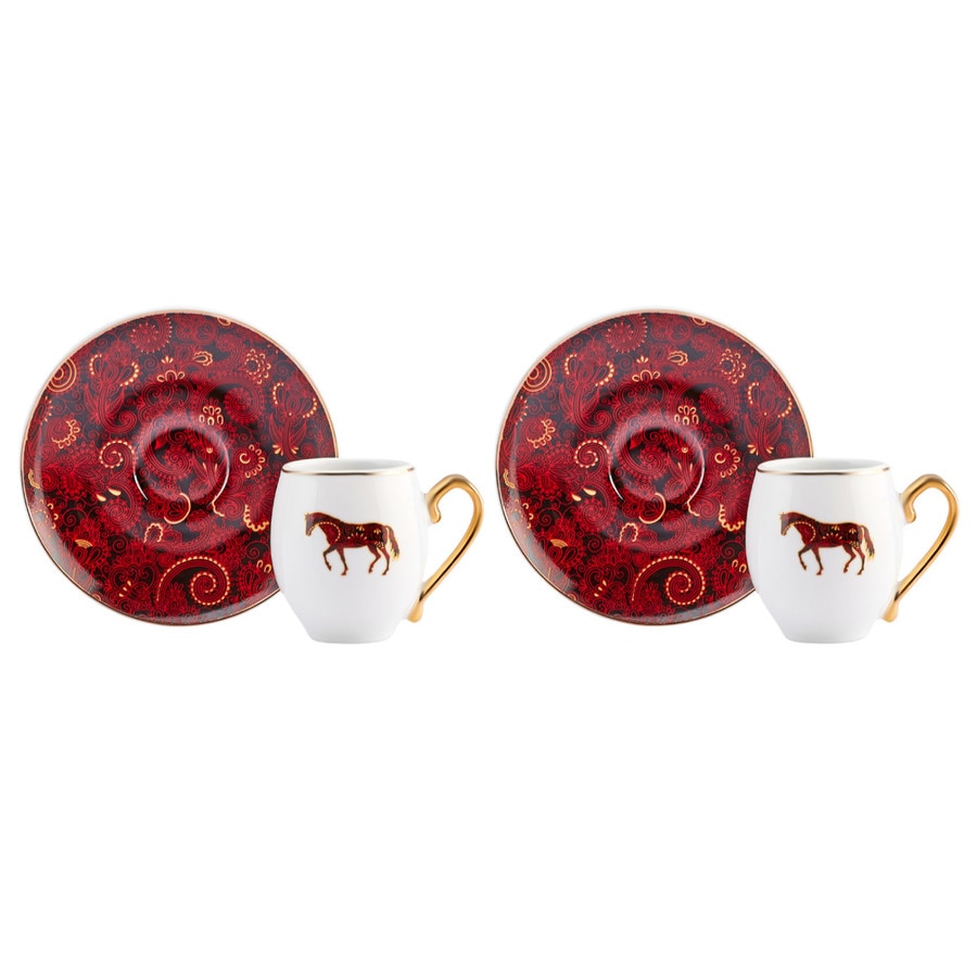 Set 2 cesti de cafea Karaca, Askar, Portelan, Alb/Rosu, 90 ml - eMAG.ro
