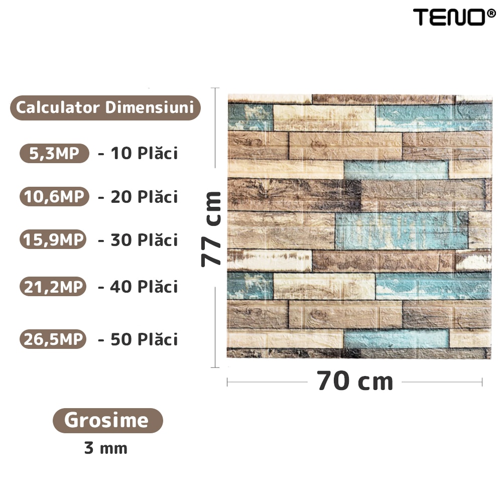 Set 20x Tapet 3D Teno®, Model Lemn, suprafata acoperire 10.6 mp ...