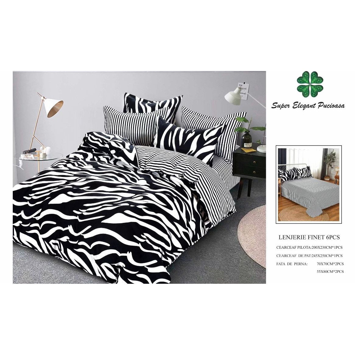 Set Lenjerie de pat dublu, 2 persoane, Pucioasa, Bumbac, Finet, 6 Piese ...