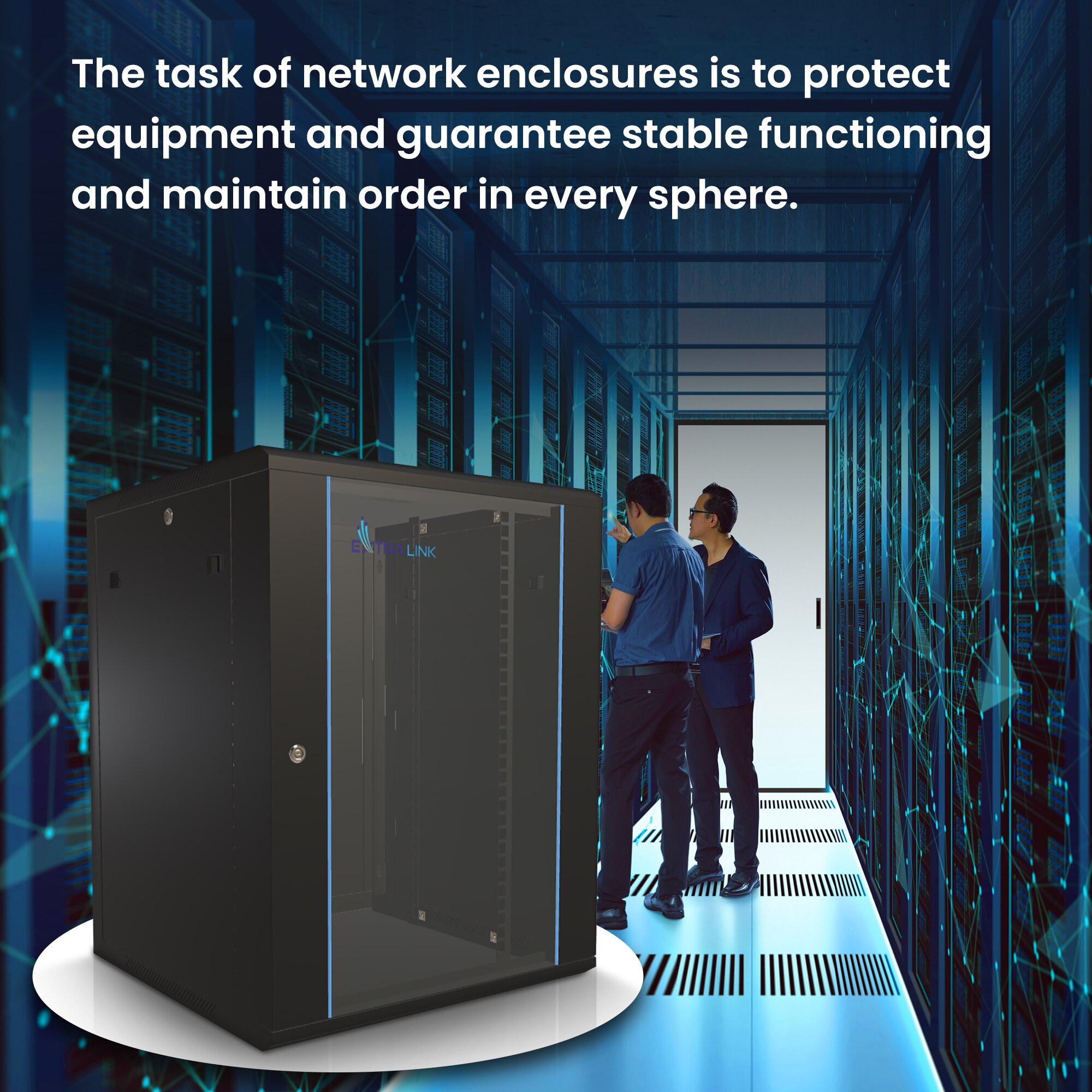 Шкаф Extralink Rack, 15U 600x600, Сглобен, Подов монтаж, Стъклена врата ...